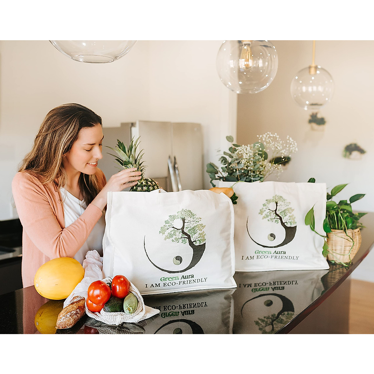Green Aura Kitchen Reusable Grocery Shopping Bags, Canvas Grocery Bags Reusable Shopping Bags, Reusable Grocery bags Washable, Foldable & Heavy Duty, Cloth Grocery Bags With Handles, Set of 2 (L) Bags