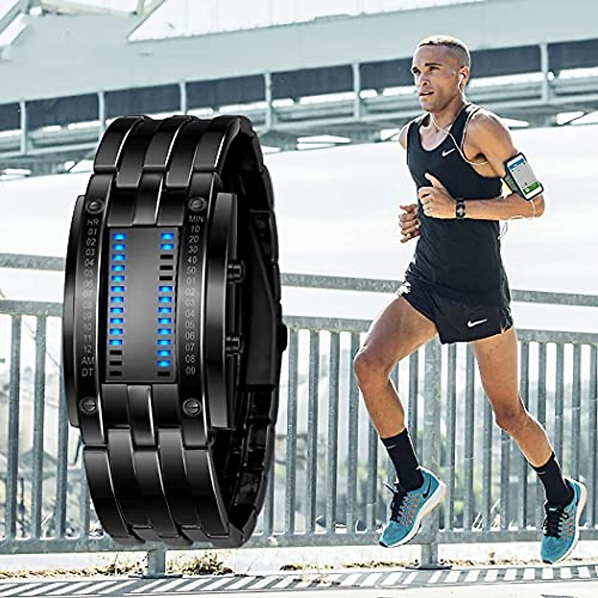 FANMIS Creative Binary Matrix Blue LED Digital Waterproof Watch Mens Classic Creative Fashion Black Plated Wrist Watches (Black)