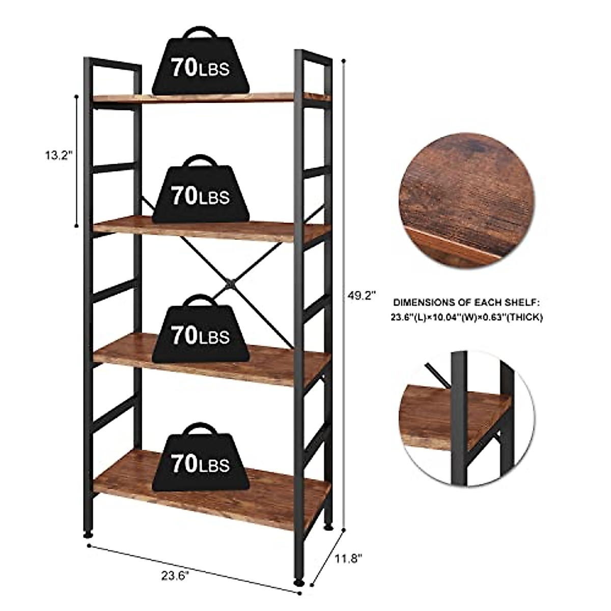 MIOCASA 4 Tier Bookshelf, Adjustable Industrial Bookshelves Organizer, Rustic Wood and Metal Standing Shelving Unit Storage, Tall Display for Living Room, Bedroom and Office (4 Tier Bookshelf)