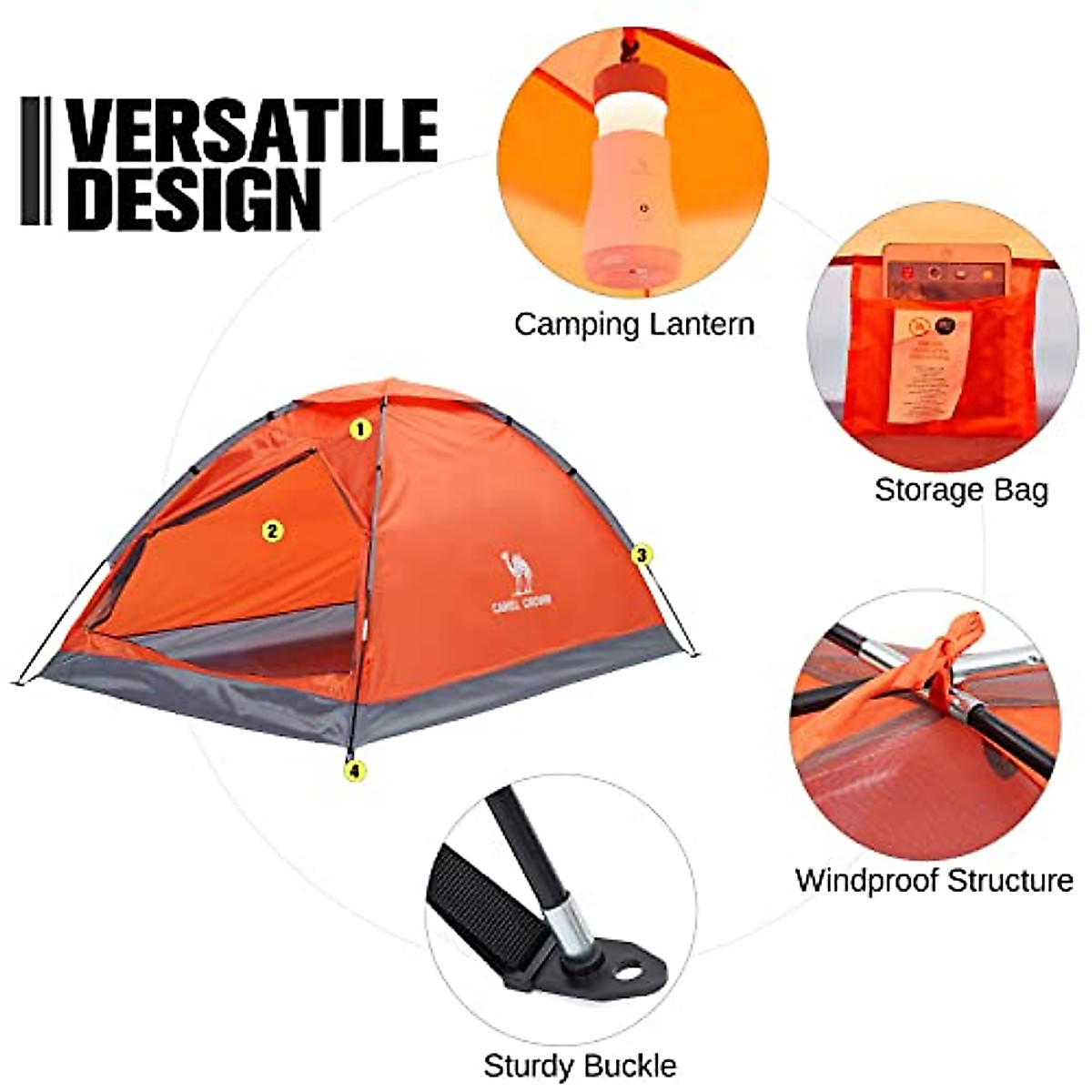 CAMEL 2 Person Camping Dome Tent, Waterproof,Spacious, Lightweight Portable Backpacking Tent for Outdoor Camping/Hiking (Orange)