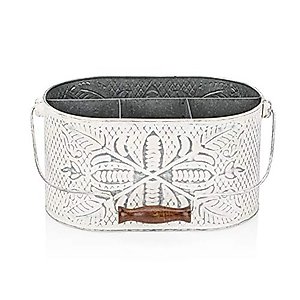 Craftsman Road Distressed White Metal Caddy – Farmhouse Galvanized Kitchen Organizer with Handle – Vintage Rustic Multi-Compartment Holder for Napkins, Plates, Cutlery, Flatware, Cleaning Supplies
