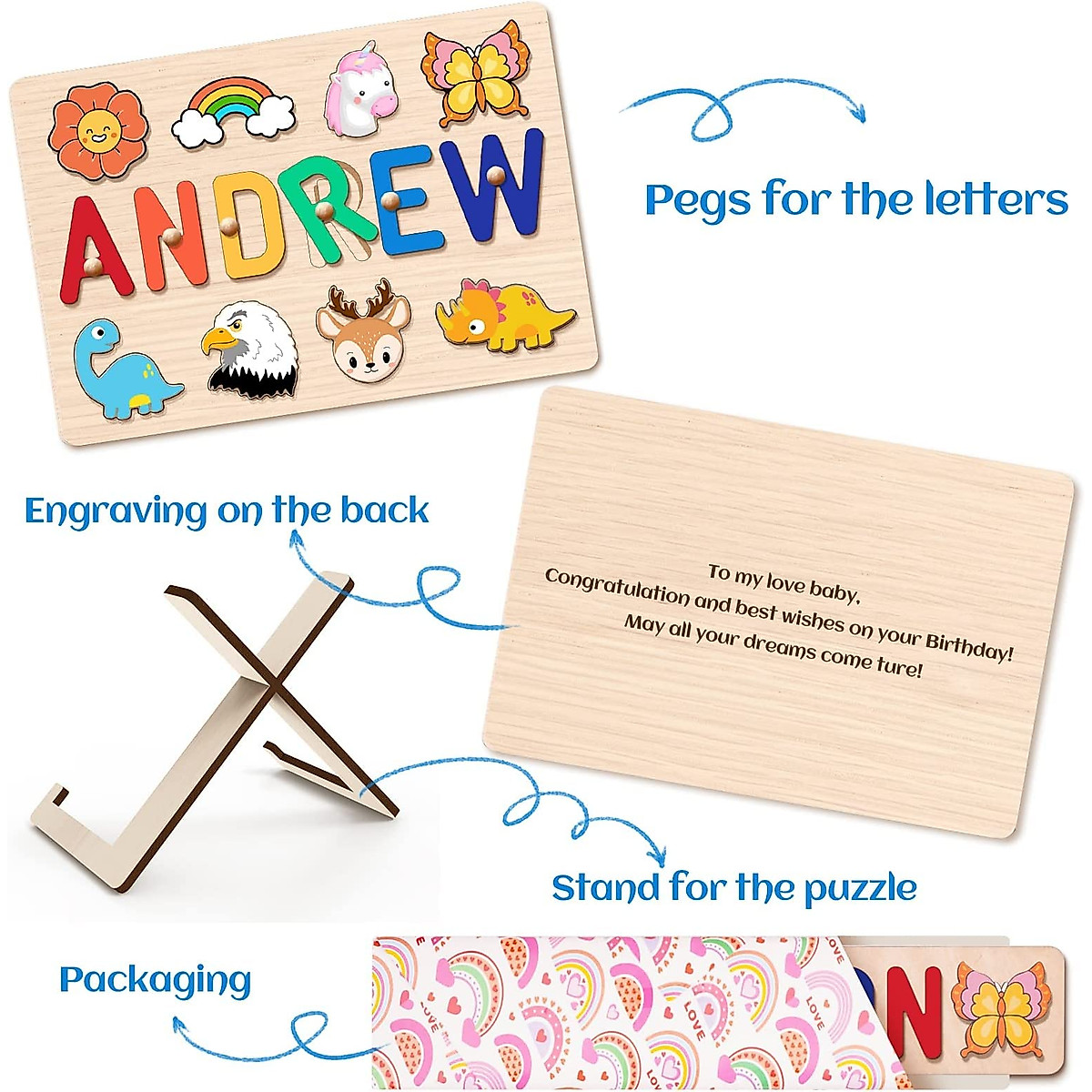 Personalized Name Puzzle for Kids Engraved Text Greetings on Back, Custom Wooden Name Signs with Pegs for Boy & Girl 1 Year Old Montessori Toys Toddler Puzzles for Newborn