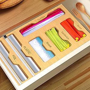 KOCWELL Bag Organizer and Plastic Wrap Dispenser with Cutter, 6 In 1 Bamboo Foil and Plastic Wrap Organizer for Kitchen Drawer, Food Storage Bag Organizer for Gallon,Quart,Sandwich,Snack(Beige)