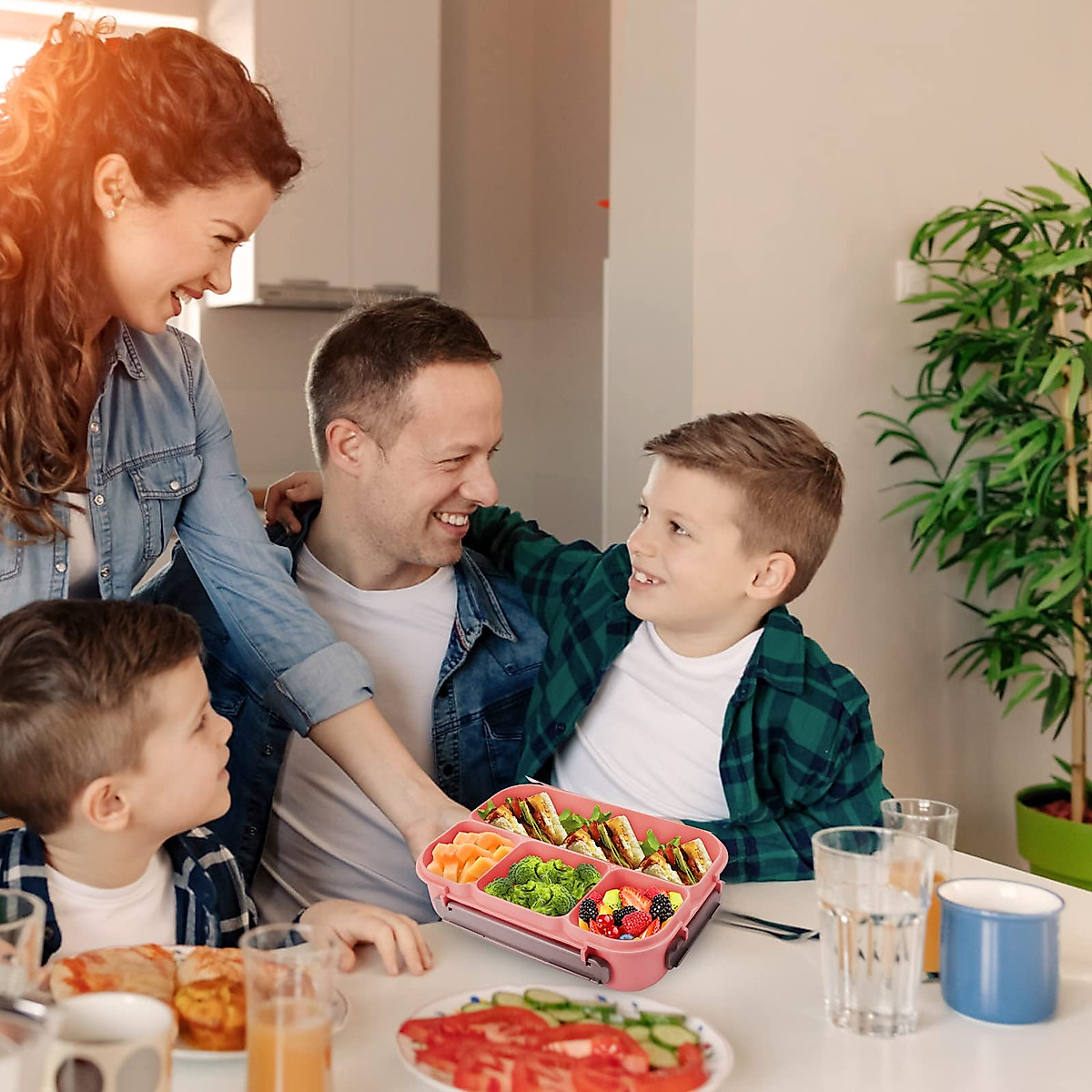 Bento Box Lunch Box, Bento Box Adult Lunch Box, Lunch Containers for Adults/Students, 5 Cup Bento Boxes with 4 Compartments&Fork, Leak-Proof, New and Upgraded Packaging, Pink