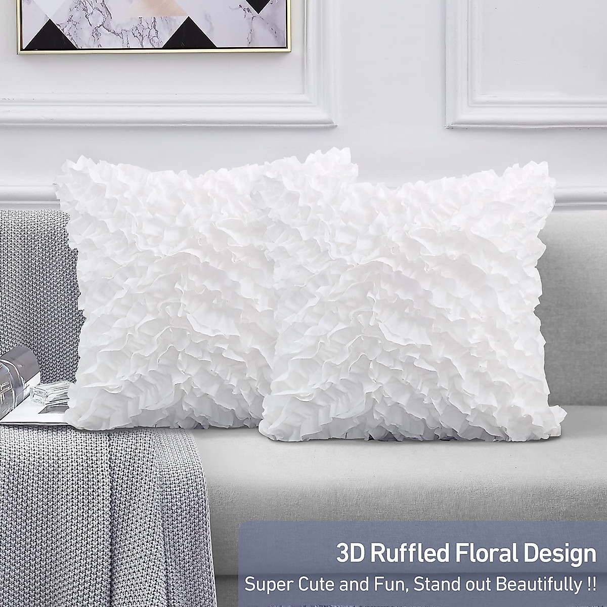 Leeden Throw Pillow Covers (Set of 2), 3D Design Handmade Cute Ruffles Pillowcase, Christmas Decorative Cushion Cover for Sofa Couch Bedroom Living Room, 22 x 22 inch, White
