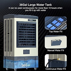 KEGIAN 8979CFM Evaporative Air Coolers, Swamp Cooler with Continuous Auto Fill, 120° Oscillating, 3-Speed Mode, Air Cooler, Portable Cooler Fan for Indooor Outdoor Patio Garage Commercial Use 58''