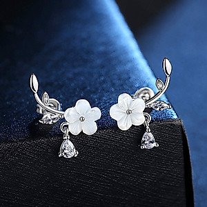 Sweet White Flower Ear Crawler Cuff Earrings Sterling Silver Diamond CZ Stud Ear Climber Wedding Earring Jewelry Gifts for Women Girls