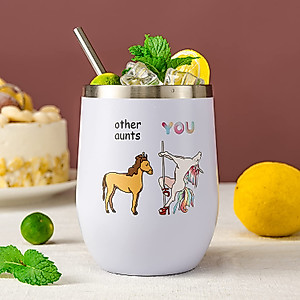 Crisky Funny Unicorn Wine Tumbler Birthday Gifts for Aunt from Niece/Nephew-Unique Gifts for Aunt Birthday Christmas Thanksgiving 12oz Vacuum Insulated Tumbler with Box, Lid, Straw