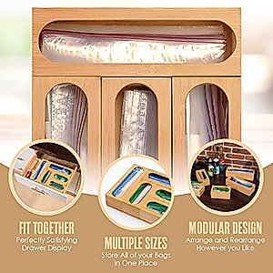 Ziplock Bag Organizer, Drawer Storage, Plastic Sandwich Baggie Holder, 5 Piece, Bamboo, Food Bags Dispenser, Zip Lock Baggy Organization Box for Gallon, Quart, Sandwiches, Freezer, Kitchen, Pantry