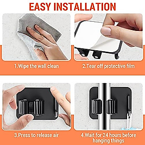 Batur Broom Holder Wall Mount, 4 Pack Super Anti-Slip Broom Holder, Mop and Broom Holder Wall Mount, Self Adhesive Broom Organizer Hanger Gripper for Bathroom, Kitchen, Laundry Room Storage, Black