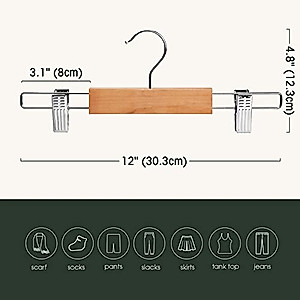 Ulimart Pants Hangers 20Pcs Skirt Hangers for Everyday Use,Wooden Pant Hangers for Adult for Kids,Pants Hangers with Clips Non-Slip,Anti-Rust Hook（Natural