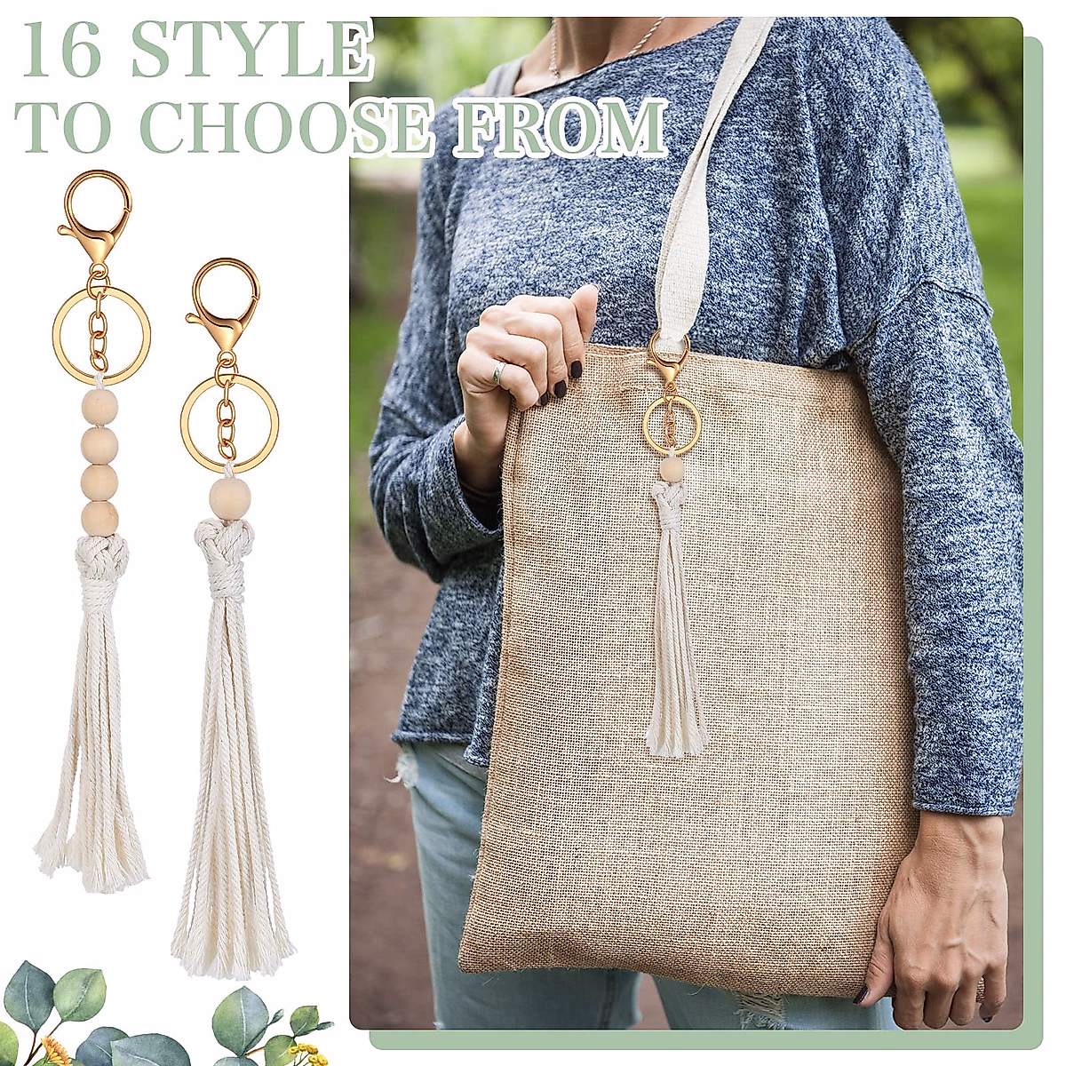 Junkin 16 Pack Mini Macrame Keychains Cute Boho Macrame Bag Charms Handcrafted Aesthetic Boho Car Accessories Boho Keychain for Women Tassel Keychain for Car