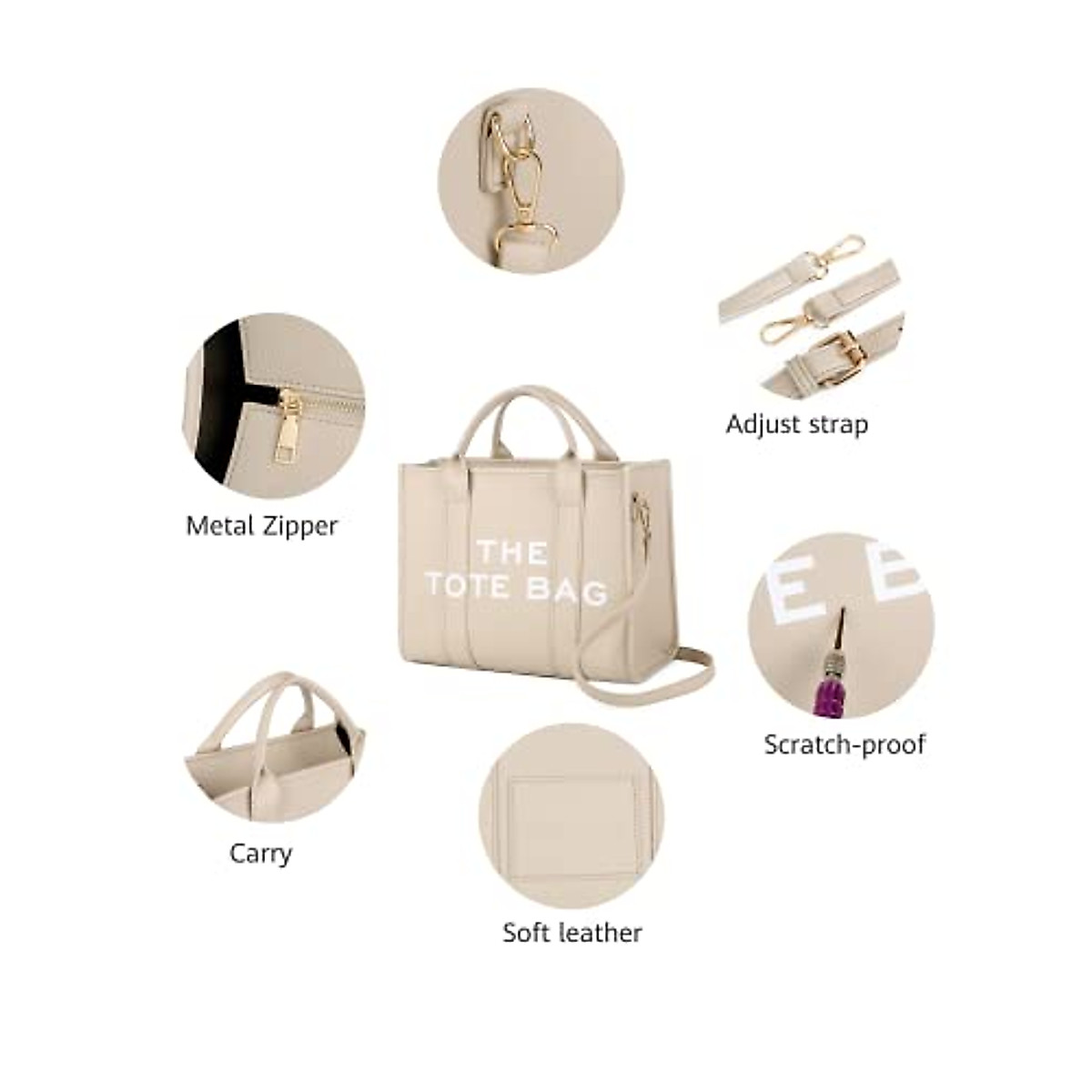 NEGBIU The Tote Bag for Women, PU Leather Tote Bag, Shoulder, Crossbody, or Handheld Bag for School, Office, Travel (10.6X13X6.3in) (Beige)