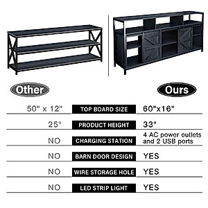 Mid Century Modern Black TV Stand with Sliding Barn Doors, Charging Station, LED Lights, and Storage Shelves for up to 70 inch TVs