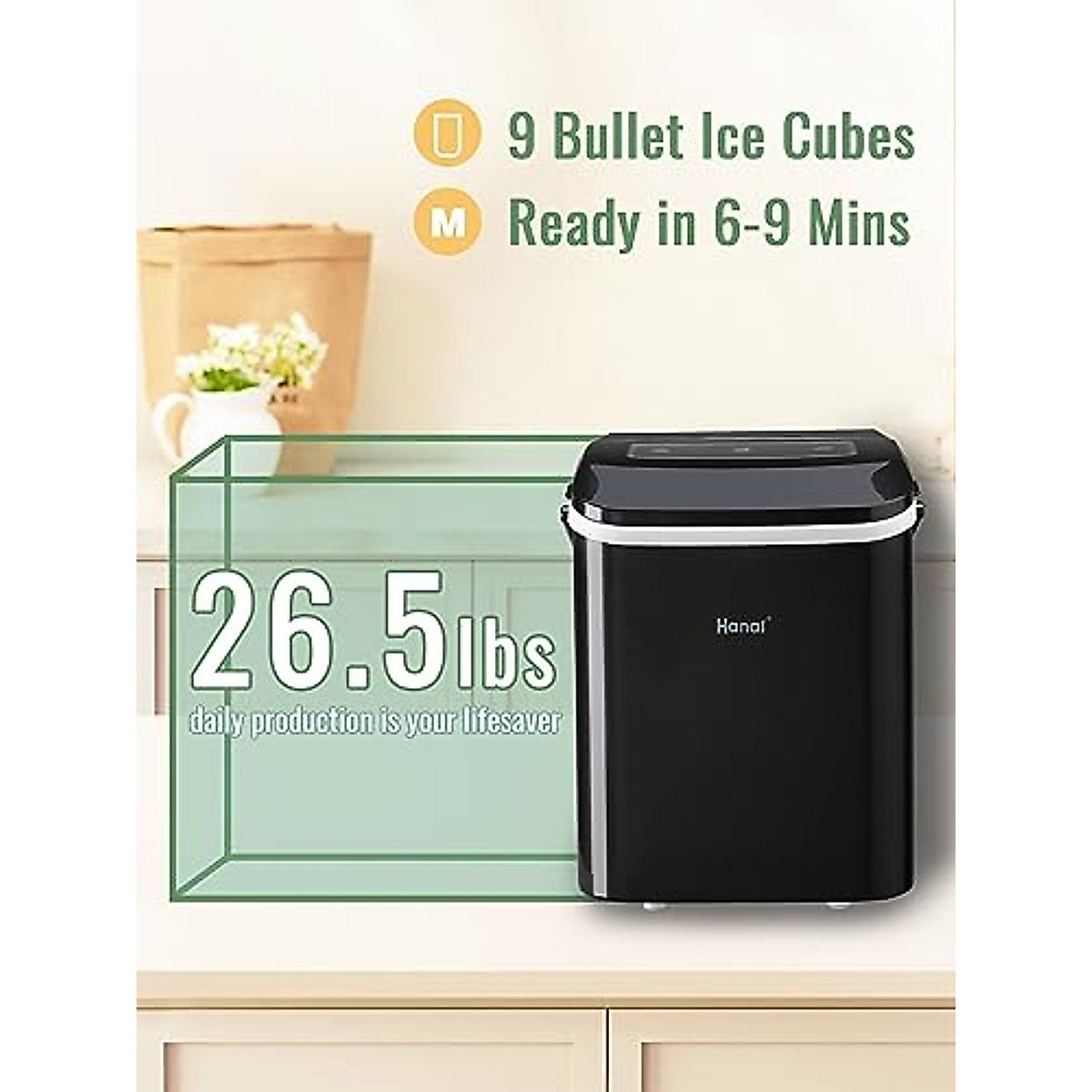 WANAI Ice Maker Countertop Portable Ice Maker Machine Self-Cleaning 26lbs/6-8Mins/24Hrs Ice Machine with Two Ice Cube Sizes and Scoop & Basket for Home/Office/Bar/RV Use