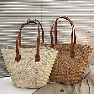 Rejolly Straw Tote Bag for Women Beach Summer Vacation Boho Rattan Handbags Large Woven Shoulder Purse with Zipper Leather Handle Purse Khaki