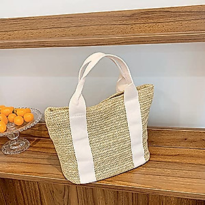 Women Shoulder Summer Beach Large Tote Bag Oversized Straw Beach Bags Straw Rattan Women Tote Sports Market Bag (White Handle, One Size)