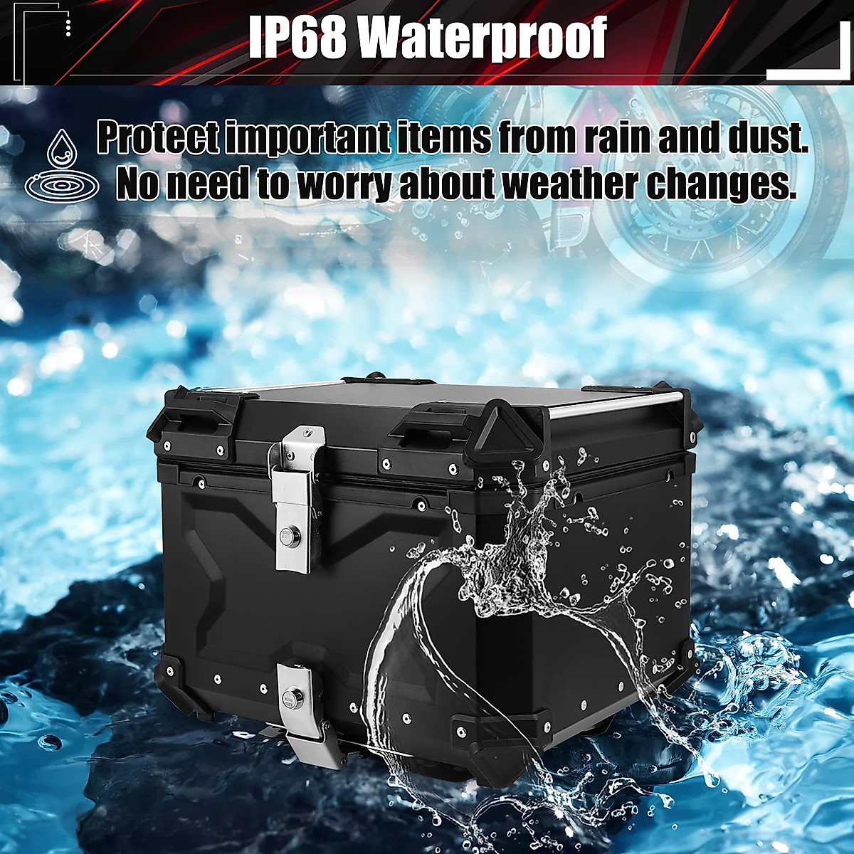 FANCYTIMES 55L Motorcycle Top Case,Aluminum Motorcycle Trunk Waterproof Tour Tail Box with Security Lock for Store Helmet Large Luggage