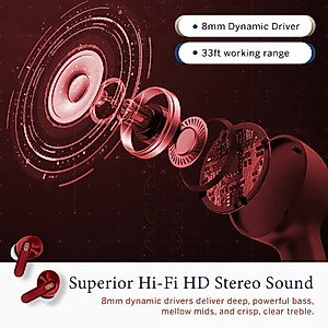 Mambo by Carlos Santana, True Wireless Earbuds Bluetooth Headphones with Charging Case, Bluetooth Earbuds with Voice Isolating Microphone, Deep Bass Stereo Headsets for Sports & Gaming, Red