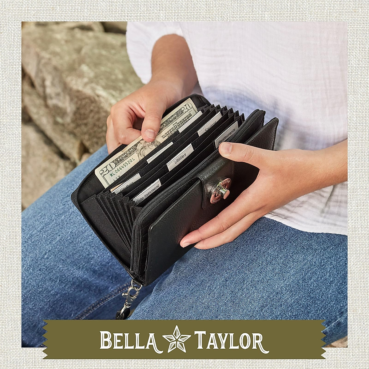 Bella Taylor RFID Wristlet Cash System Wallet for Cash Envelope Budgeting | Money Organizer Budget Wallet | Cash Stuffing Wallet | Genuine Black Leather
