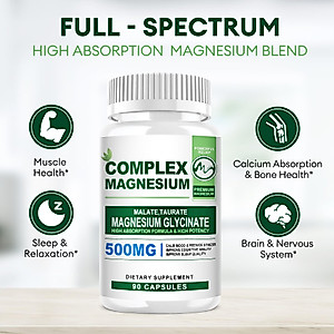 2 Pack Magnesium Complex Capsules 500MG, Blend with Magnesium Glycinate, Taurate, Malate - 180 Capsules
