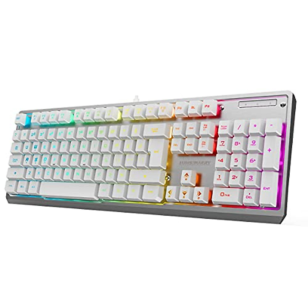 Lumsburry White Gaming Keyboard, Rainbow LED Backlit,19 Anti-ghosting Keys, USB Wired, Metal Panel, Ergonomic 104 Keys, Multimedia Control, Water-Resistant, Full Size, for Windows PC Mac Office Gamer