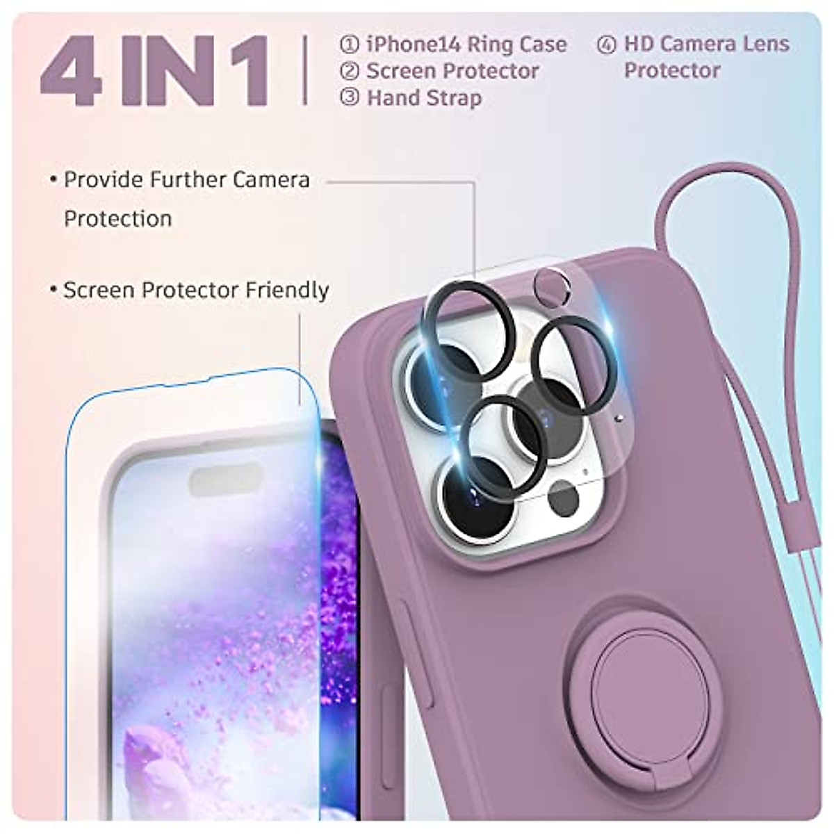 Inbeage [4 in 1 for iPhone 14 Pro Case Ring Stand,with Screen Protector+Camera Lens Protector+Hand Strap,Silky Touch Silicone Cover with 360° Kickstand,6.1 inch (Lilac Purple)
