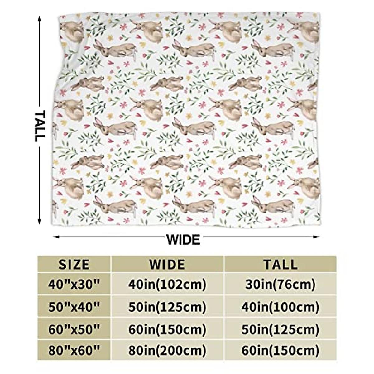 Rabbits and Flowers Throw Blanket Warm Cozy Lightweight Blankets Soft Easter Bunny Flannel Blanket for Sofa Couch Bed Office Holiday Decorative 80"X60"
