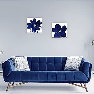 Creoate Navy Blue Wall Art for Bathroom Decor, 2 Pieces Abstract Flower Painting Canvas Print Artwork Framed Set Blue and white Wall Decor for Bedroom…