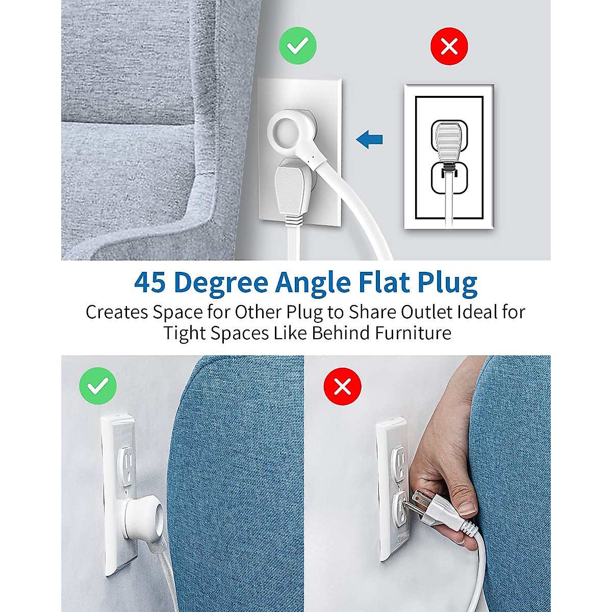 15 FT Extension Cord Surge Protector Power Strip 6 Super Wide Spaced Outlets, NTONPOWER Flat Plug Surge Protector Wall Mount with 3 USB, 1875W, 15A, 1700 Joules, Overload Protection for Home Office