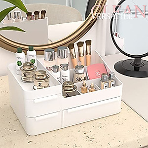 Makeup Organizer with Drawers, Countertop Organizer for Vanity, Bathroom and Bedroom Desk Cosmetics Display Case for Brushes, Lotions, Perfumes, Eyeshadow, Lipstick and Nail Polish, White