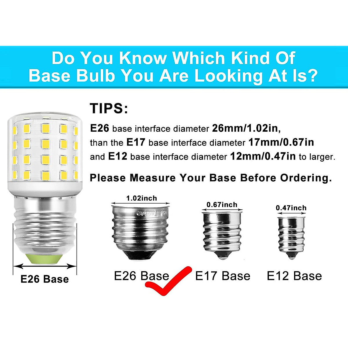 LED Appliance Light Bulb for Refrigerator Fridge Freezer 4W (40W Equivalent) E26 Medium Base Compact T10 Tubular A15 AC100-265V Floor Lighting Decorative Corn Lamp Daylight White 5000K, Pack of 3