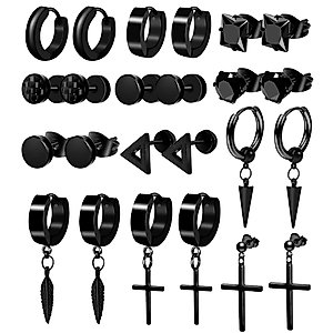 ONESING 12 Pairs Earrings for Men Black Stud Earrings Mens Earrings Black Hoop Earrings Stainless Steel Earrings Set Jewelry Piercings for Men Women