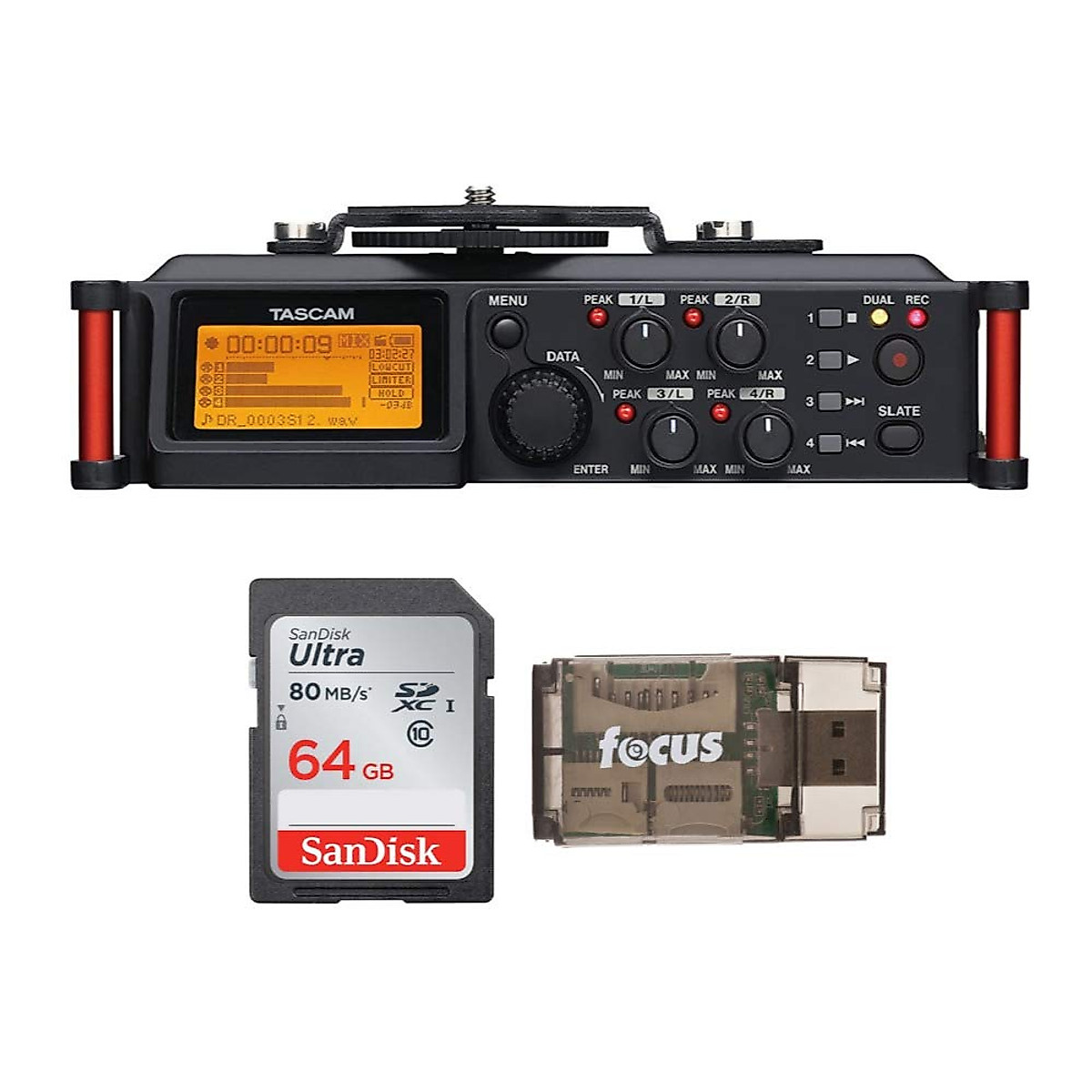 Tascam DR-70D 4-Track Portable Recorder Bundle with 64GB Memory Card and Card Reader (3 Items)