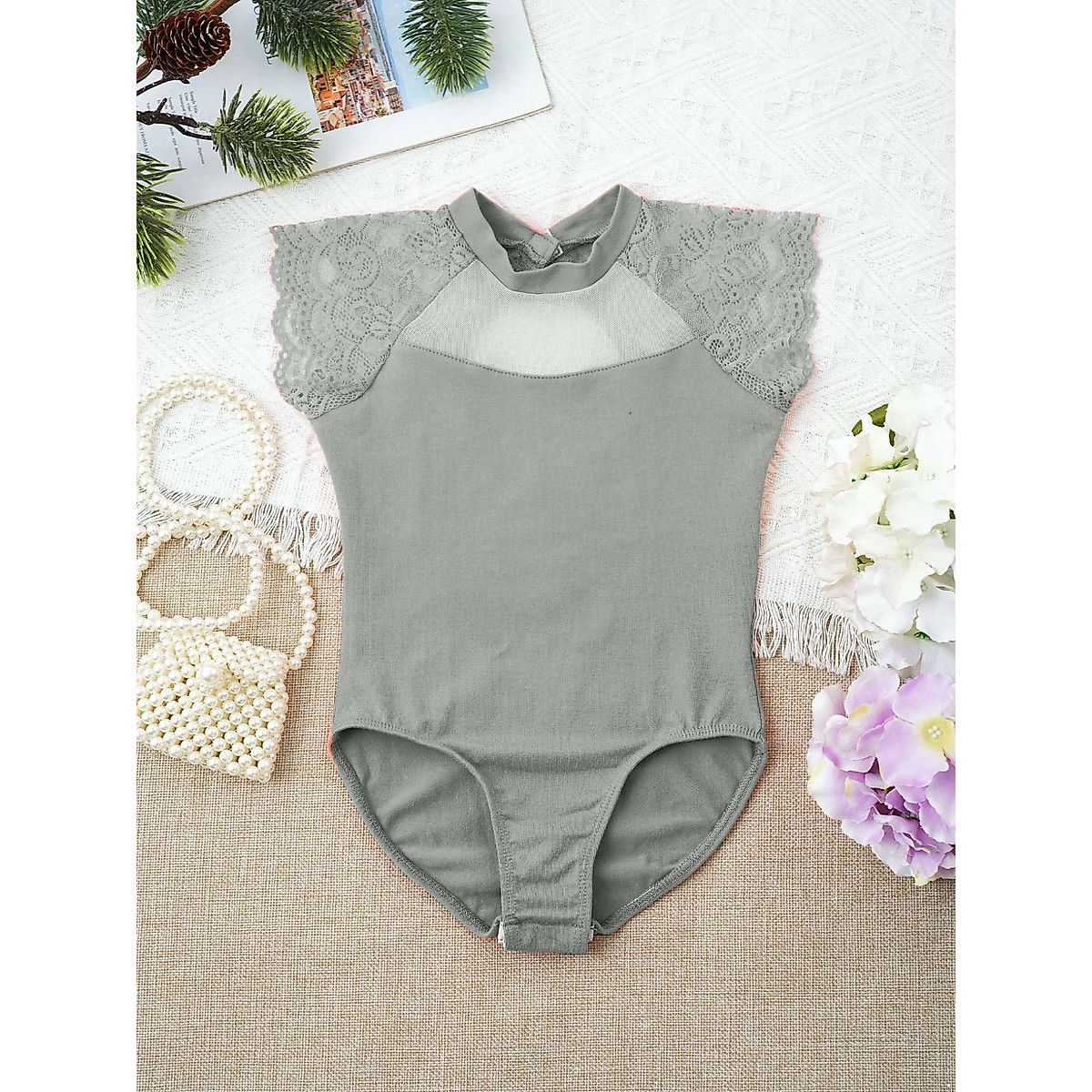 Oyolan Girls Kids Classic Ballet Dance Leotard Sleeveless Lace Floral Gymnastics Bodysuit Unitard Ballerina Costume Grey 15-16 Years