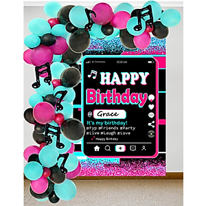 Happy Birthday Party Backdrop,Tic tok Birthday Decoration,Twinkle Pink Blue Backdrop,Musical Theme Party Supplies,Bling Pink Backdrop,Colorful Backdrop,Tic TOC Happy Birthday Banner with A Gift Pen