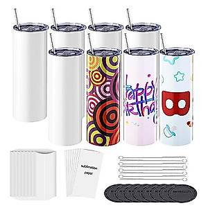 IMAGETI 8 Pack Sublimation Tumblers 20 oz Skinny Straight Tumbler Blank White, Stainless Steel, with Metal Straw, Insulated Tumbler with Leak-Proof Lids for Tumbler Heat Press