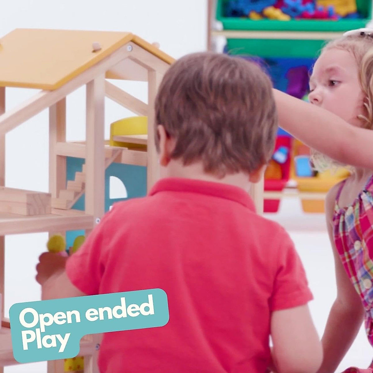 PIDOKO KIDS Skylar Wooden Dollhouse - Includes 20 Pcs Furniture Accessories, 5 Family Dolls and a Pet Dog - Wood Doll House for 3 4-5 Year Old Girls & Boys