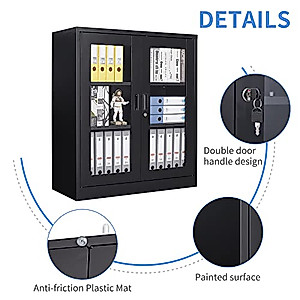 Yizosh Metal Storage Cabinet with Glass Doors - 35.4" Locking Display Cabinet with 2 Adjustable Shelves, 3-Tier Steel Cabinet Locker for Home Office, Living Room, Bedroom (Black)