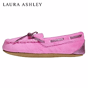 Laura Ashley Kids Girls Fleece Glitter and Bow Moccasins Fuschia 2/3