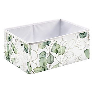 Gold Eucalyptus Branches, Green Eucalyptus Leaves Golden Linear Leaves Square Storage Basket Bin, Collapsible Storage Box, Foldable Nursery Baskets Organizer for Toy, Clothes Easy to Assemble