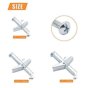 HELIFOUNER 24 Pieces Toggle Bolt and Wing Nut for Hanging Heavy Items on Drywall - 1/8 Inch, 3/16Inch, 1/4Inch