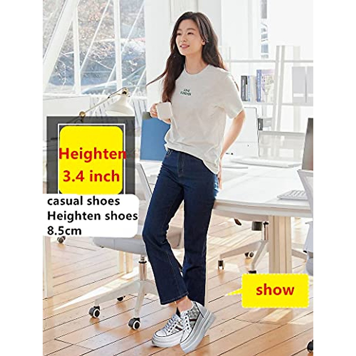 Women's Heighten Sneakers Breathable Mesh White Walking Shoes Outdoor Casual Footwear Thick-Sole（3.4 inch）