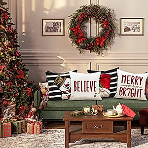 Lanpn Winter Merry Christmas Throw Pillow Covers 18x18 Set of 4, Decorative Red and Black Snowman Gnome 18 inch Holiday Cushion Cases Home Outside Porch Decor Decoration
