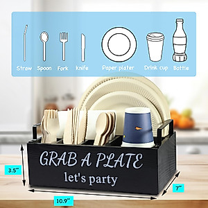 Paper Plate Holder, Utensil Caddy Organizer, Wood Paper Plate Dispenser, Silverware Caddy Holder, and Disposable Coffee Bar Accessories Box for Kitchen Counter, Party, Camping, Picnic (6 compartment)