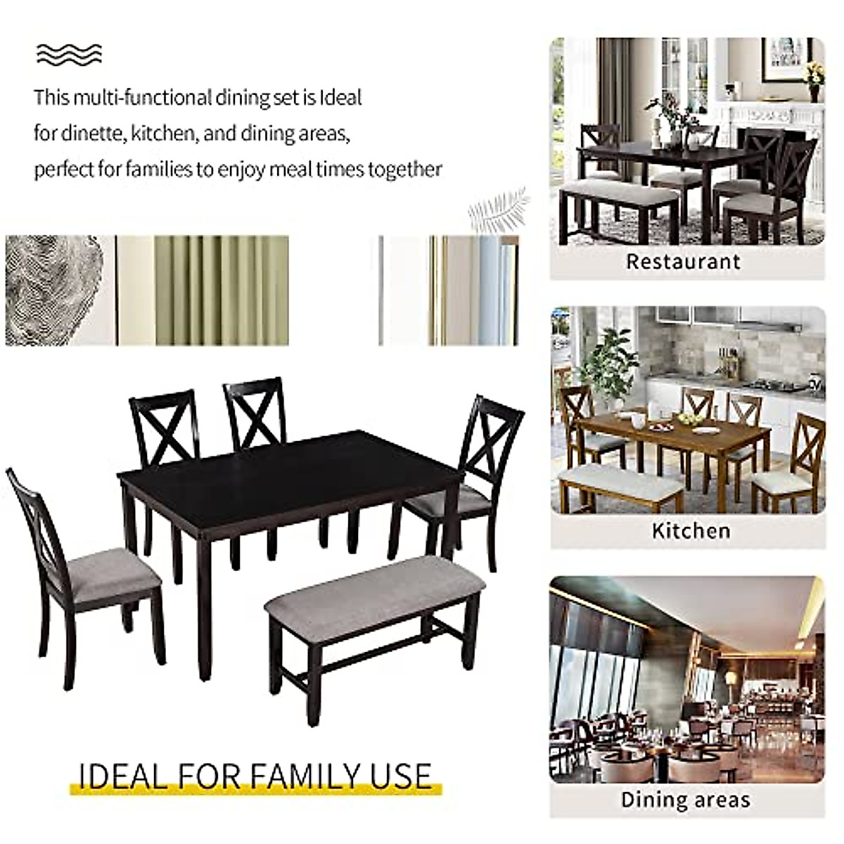 UBGO, 6 Piece Rustic Wooden Diningtable Dinette, Dining Room Furniture Set, Include Wood Table, Bench & 4 Chairs with Burlap Foam Cushion, for Home Living Space, (Espresso) B