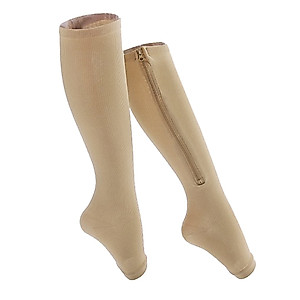 Open Toe Compression Sock, Support Zipper Stocking for Varicose Veins Edema Swollen Sore Legs, Help Circulation Pain Relief Anti Fatigue, Dance Workout Running Yoga Pilates Sleeve Socks Beige
