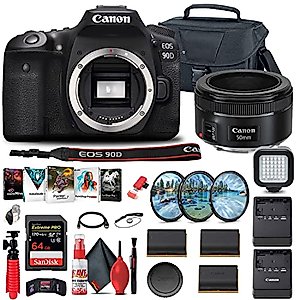 Canon EOS 90D DSLR Camera (Body Only) (3616C002), Canon EF 50mm Lens, 64GB Card, Case, Filter Kit, Corel Photo Software, 2 x LPE6 Battery, Charger, Card Reader + More (Renewed)