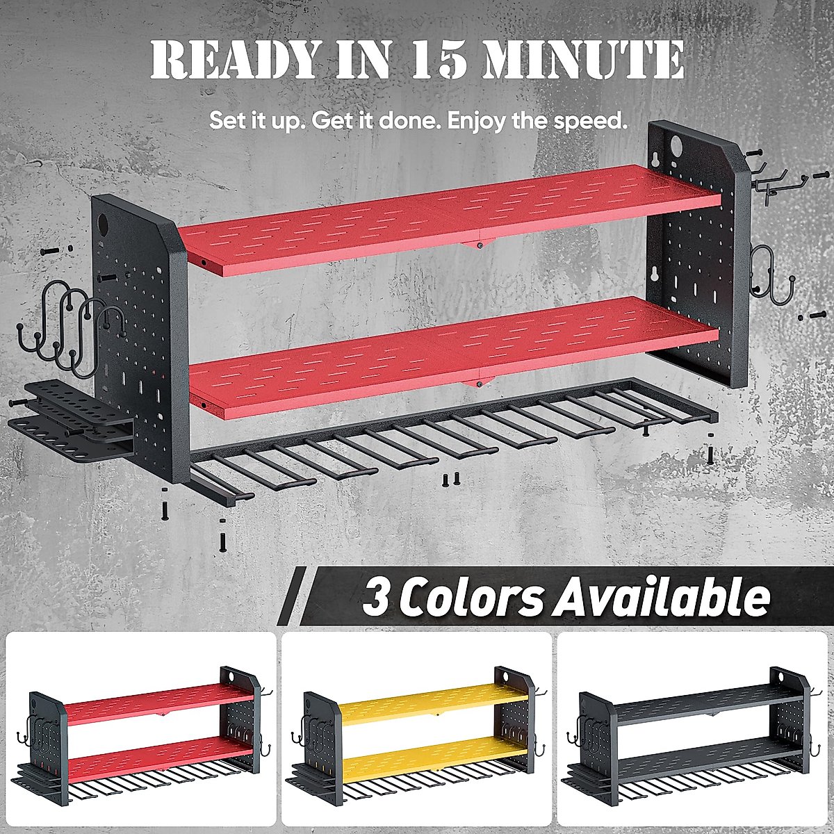 Power Tool Organizer, Large 8 Drill Holder Wall Mount with 2 Side Pegboards, Heavy Duty Metal Tool Shelf with 12 Hooks, 3 Layer Cordless Tool Organizer, Power Tool Storage for Garage Organization
