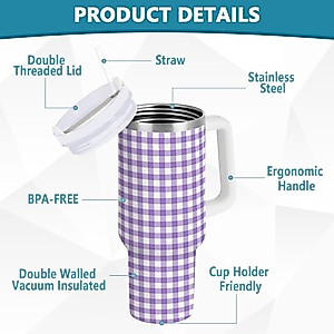 ARGTILDN 40 oz Tumbler Purples Plaid Insulated Travel Mug with Handle and Straw Lid Stainless Steel Vacuum Coffee Cup Tea Beverage Container Water Bottles for Car Sports office